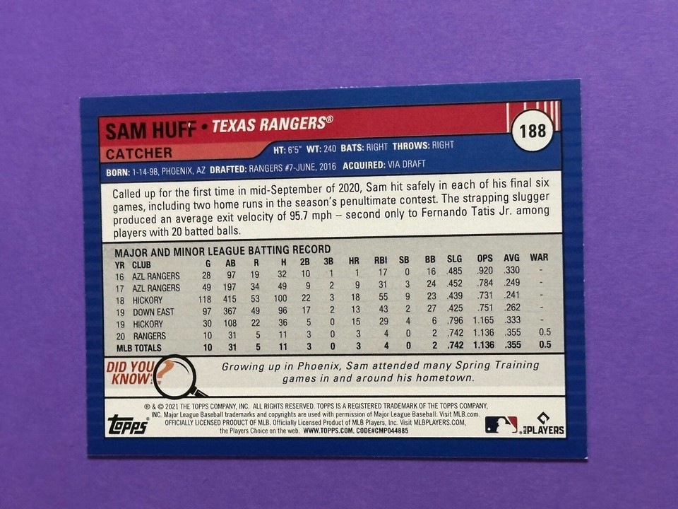 2021 Topps Big League Sam Huff Rookie #188 Texas Rangers RC (F) | eBay