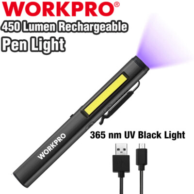 WORKPRO 450 Lumen USB Rechargable Pocket Pen Light LED Flashlight UV ...