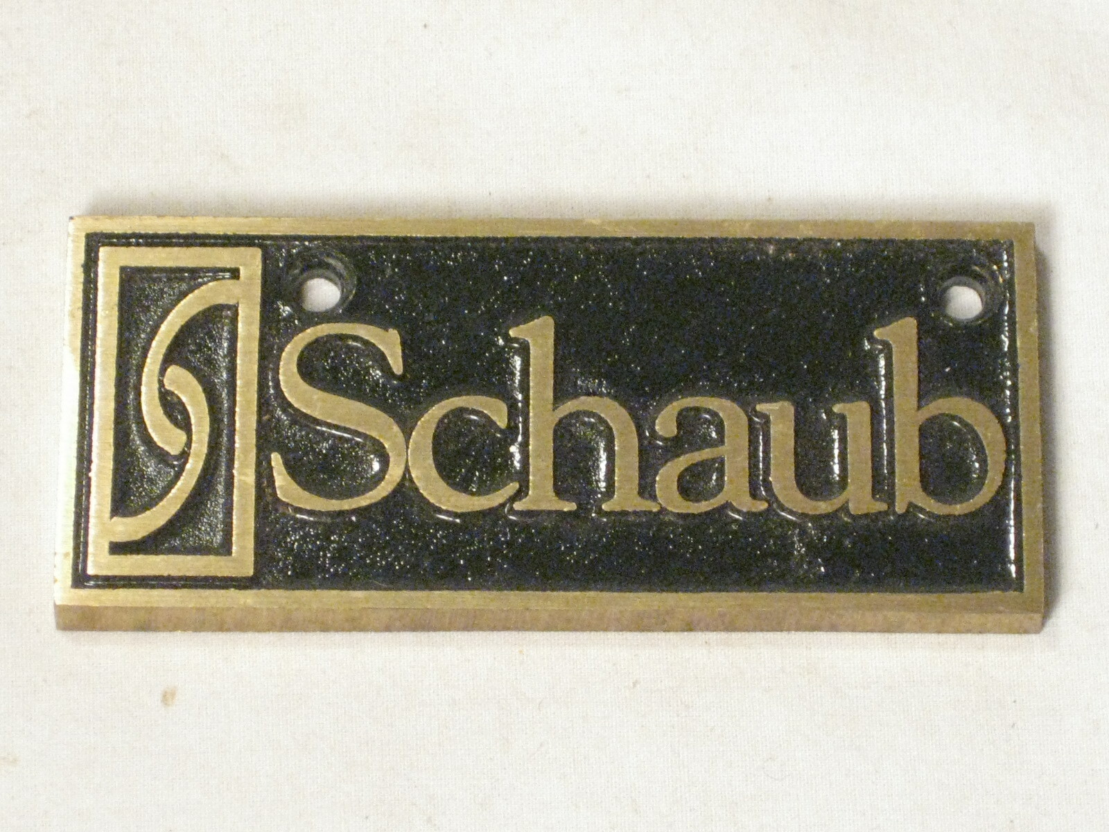 vintage Schaub solid brass 3.5" 1.5" 3/16" metal logo id tag sign ...
