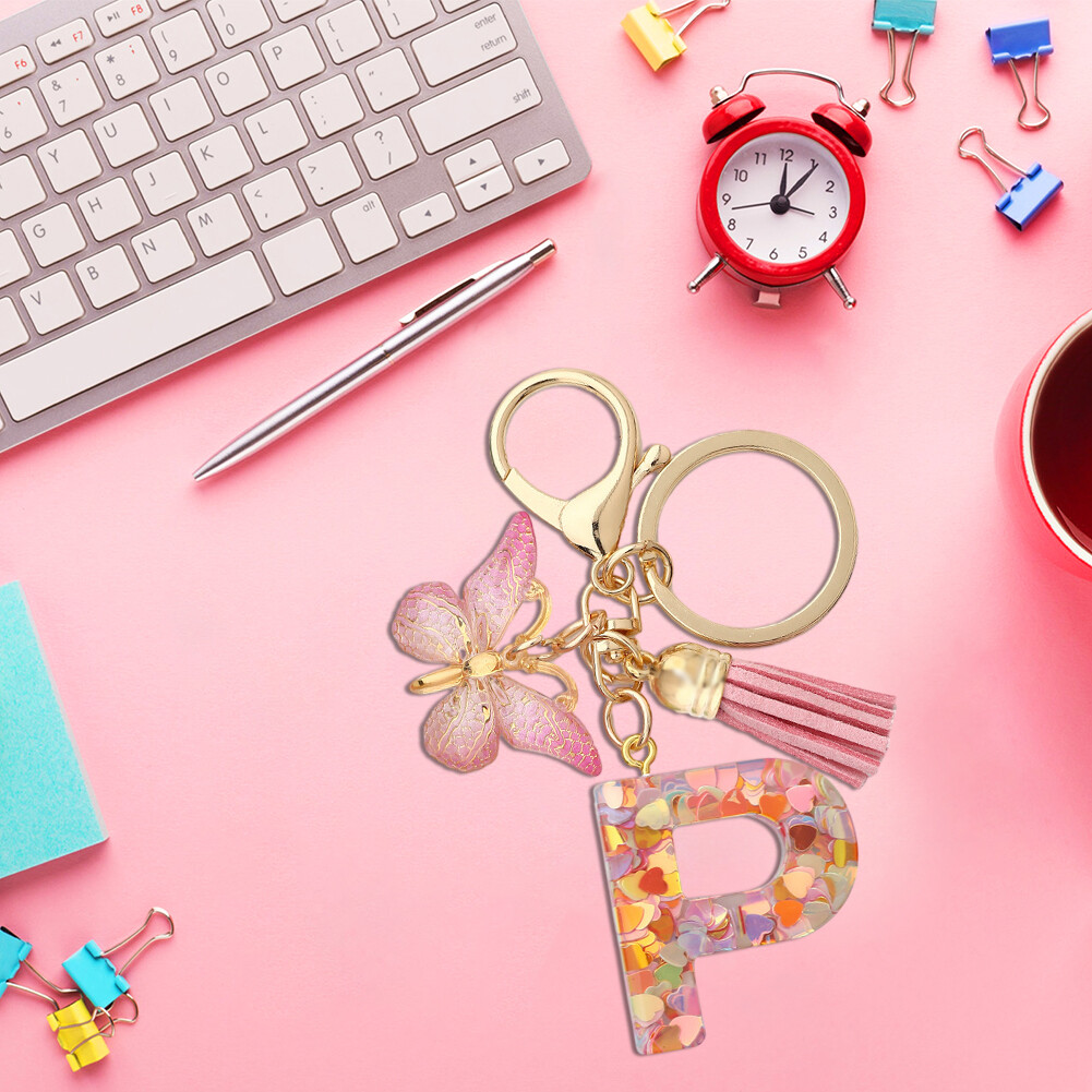 Key Ring Charm Letter P Keychain Pink Tassel Butterfly Key Ring for ...