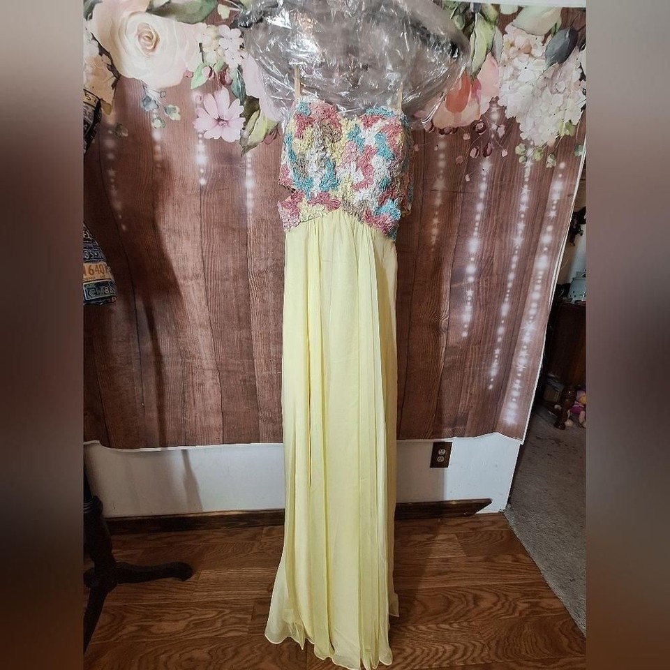 LA FEMME MULTICOLOR LACE CHIFFON PROM DRESS LEMON YELLOW SIZE 6 | eBay