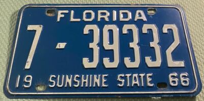 1966 Vintage Florida License Plate 7-39332 Orange County Orlando Apopka ...