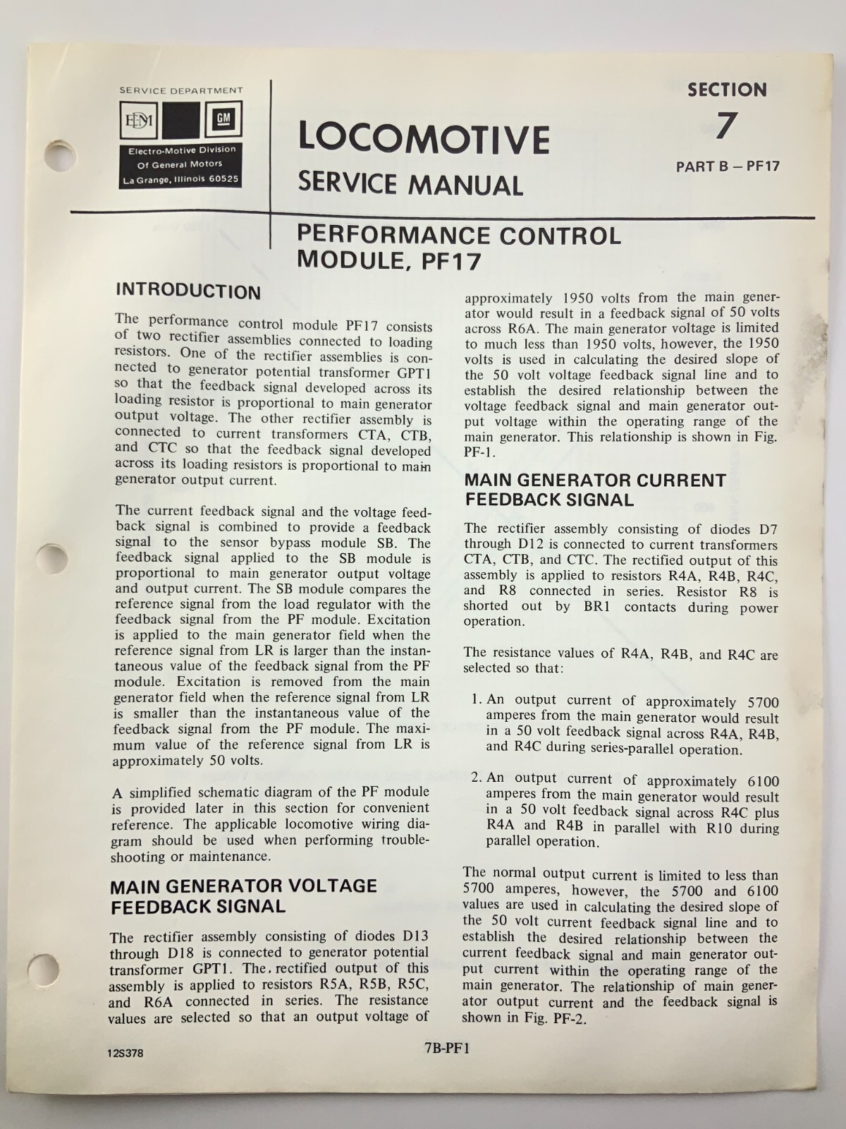 Performance Control Module PF17 Locomotive Service Manual SD40-2 1978 ...