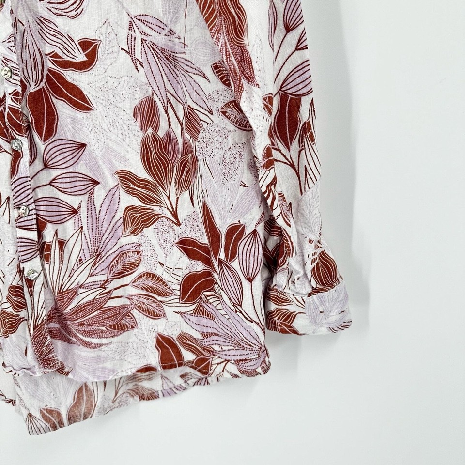 Tahari Linen Button Front Shirt Top Brown Purple Tropical Floral Roll ...