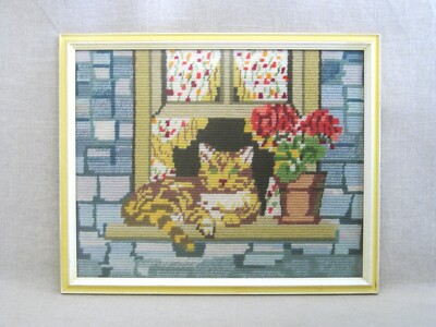 Vintage Cat Needlepoint Framed Wall Art Feline Embroidery Animal Lovers ...