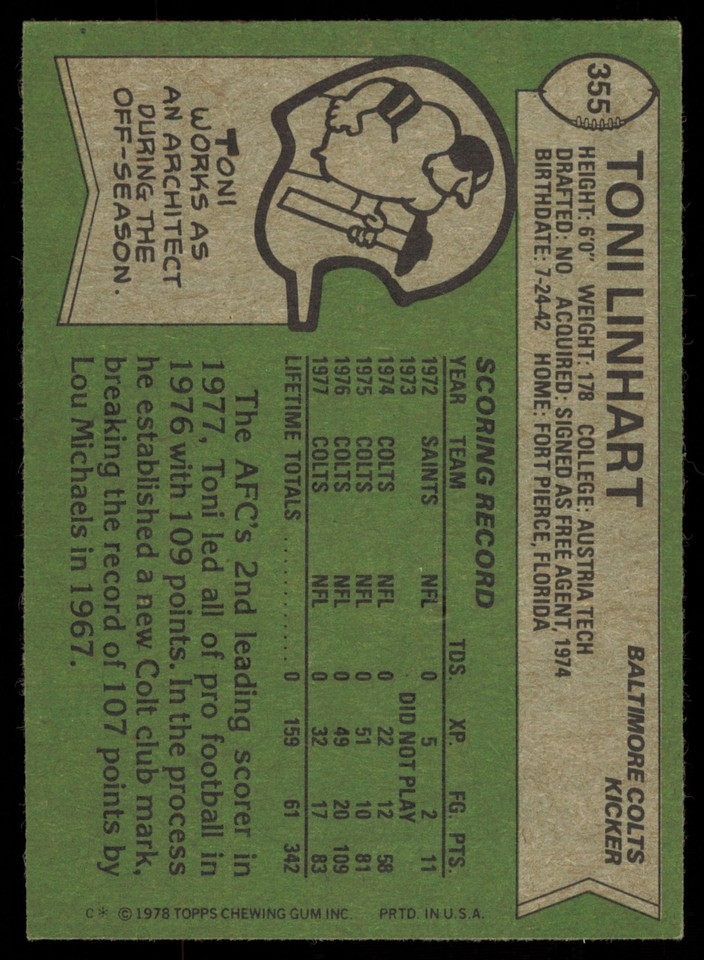 1978 Topps #355 Toni Linhart Baltimore Colts | eBay