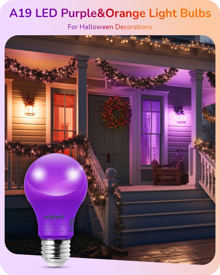 EDISHINE 4 Pack Halloween Purple Orange Light Bulbs, A19 LED Bulbs for ...
