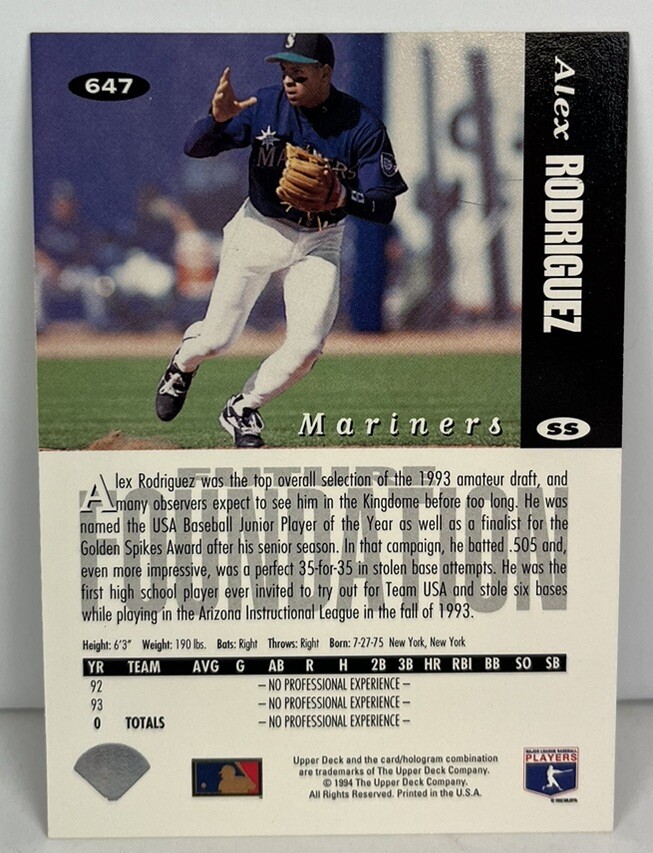 1994 Collector's Choice Alex Rodriguez Rookie Card #647 Seattle ...