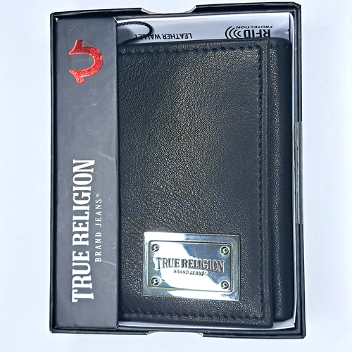 True Religion Men's Genuine Leather Black Trifold Wallet RFID Logo NEW ...
