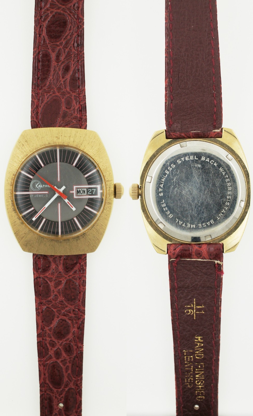 Vintage 1970's Kaltron Day Date Gold Tone Watch 17 Jewels Black Red ...