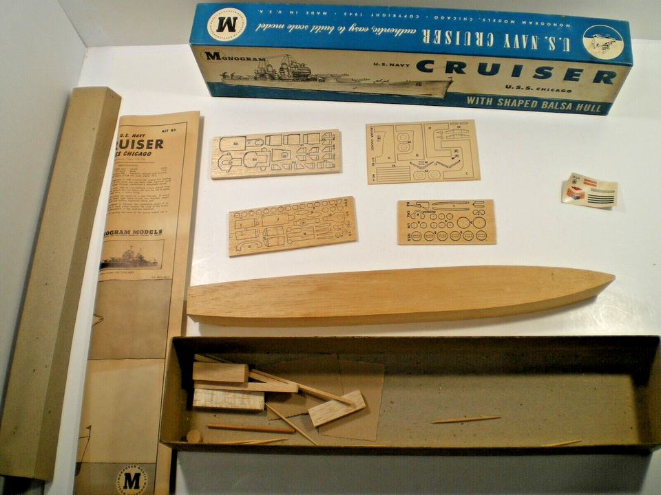 VINTAGE 1945 MONOGRAM CRUISER WOODEN SHIP MODEL "USS CHICAGO" 84 years ...