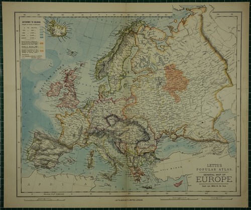 1883 LETTS MAP ~ EUROPE NORWAY SWEDEN BRITISH ISLES FRANCE SPAIN ...