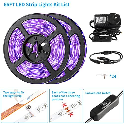 66ft/20m Black Light Strip 1200 Lamp Beads Flexible Led Blacklight Kit ...