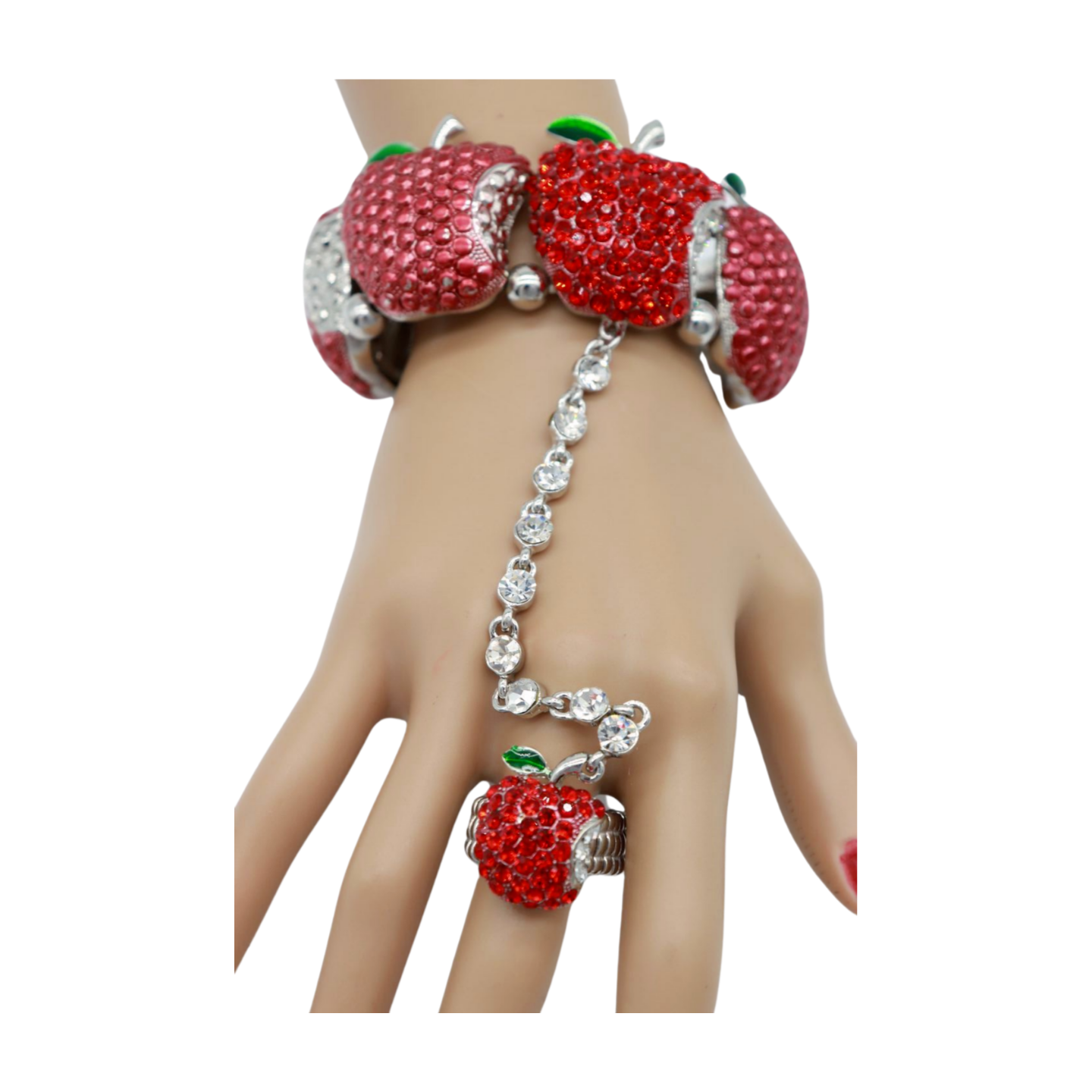 Women Silver Metal Hand Chain Red Apples Bracelet Bling Ring Halloween ...