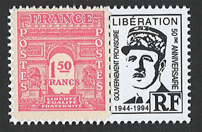 1,50F Arc Triomphe sur Porte-timbre "50 ans Libération - DE GAULLE ...