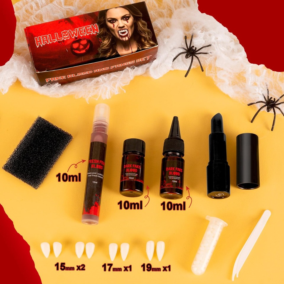 Fake Blood and Vampire Teeth Fangs Kit, 4 Pairs Fake Fangs with Solid ...