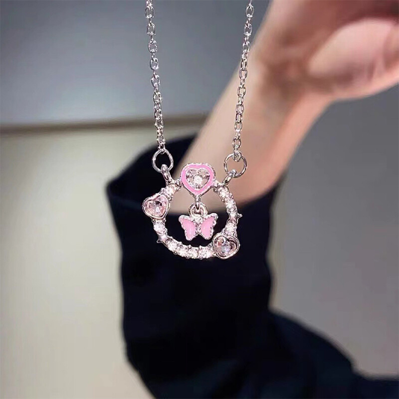 Light Luxury Shiny Zircon Butterfly Heart Necklace Round Pendant ...