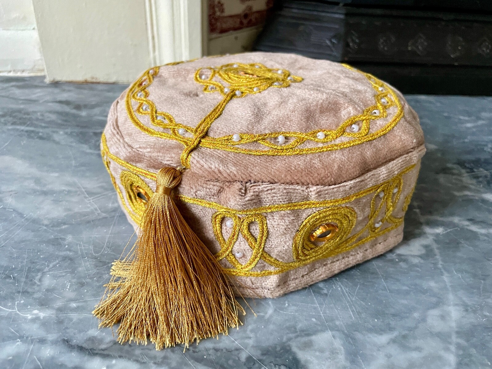 Authentic Turkish Velvet Fez - Cream Colour Ethnic Hat with Gold Trim ...