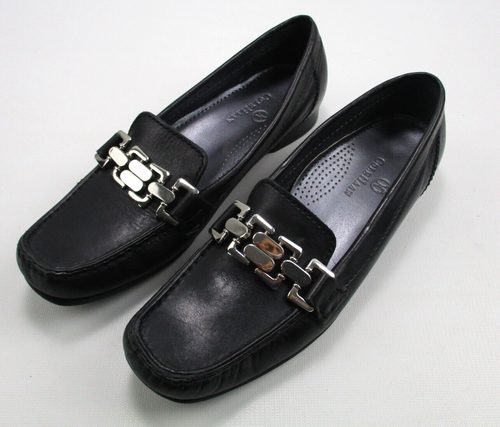 Cole Haan Anjali Moc Black Leather Silver Chain Link Loafers Size 6.5 ...