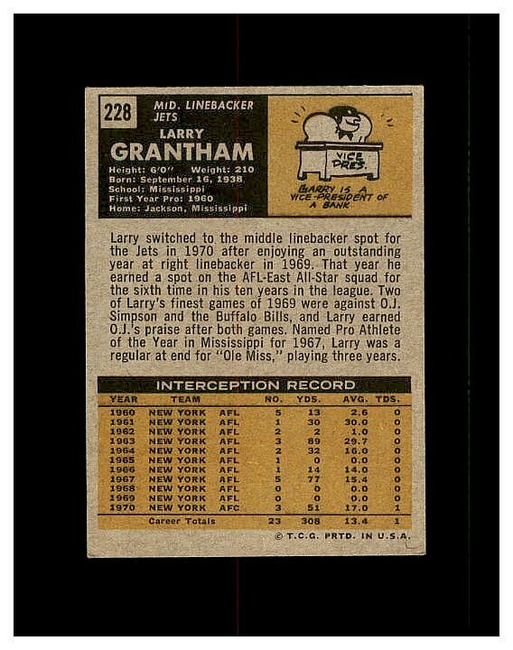 1971 Topps Football #228 Larry Grantham New York Jets | eBay
