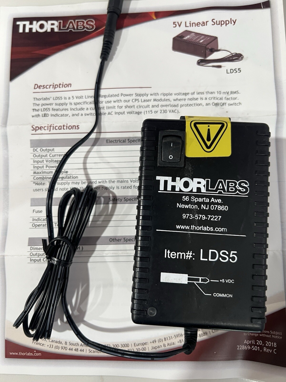 THORLABS LDS5 - 5 VDC Regulated Power Supply, 2.5 mm Phono Plug | eBay