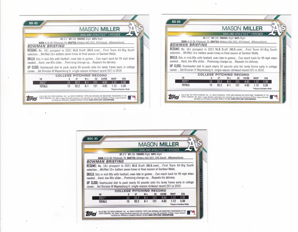 Mason Miller - 2021 1st Bowman Chrome ROOKIE, 2 - 2021 1st Bowman RC's ...