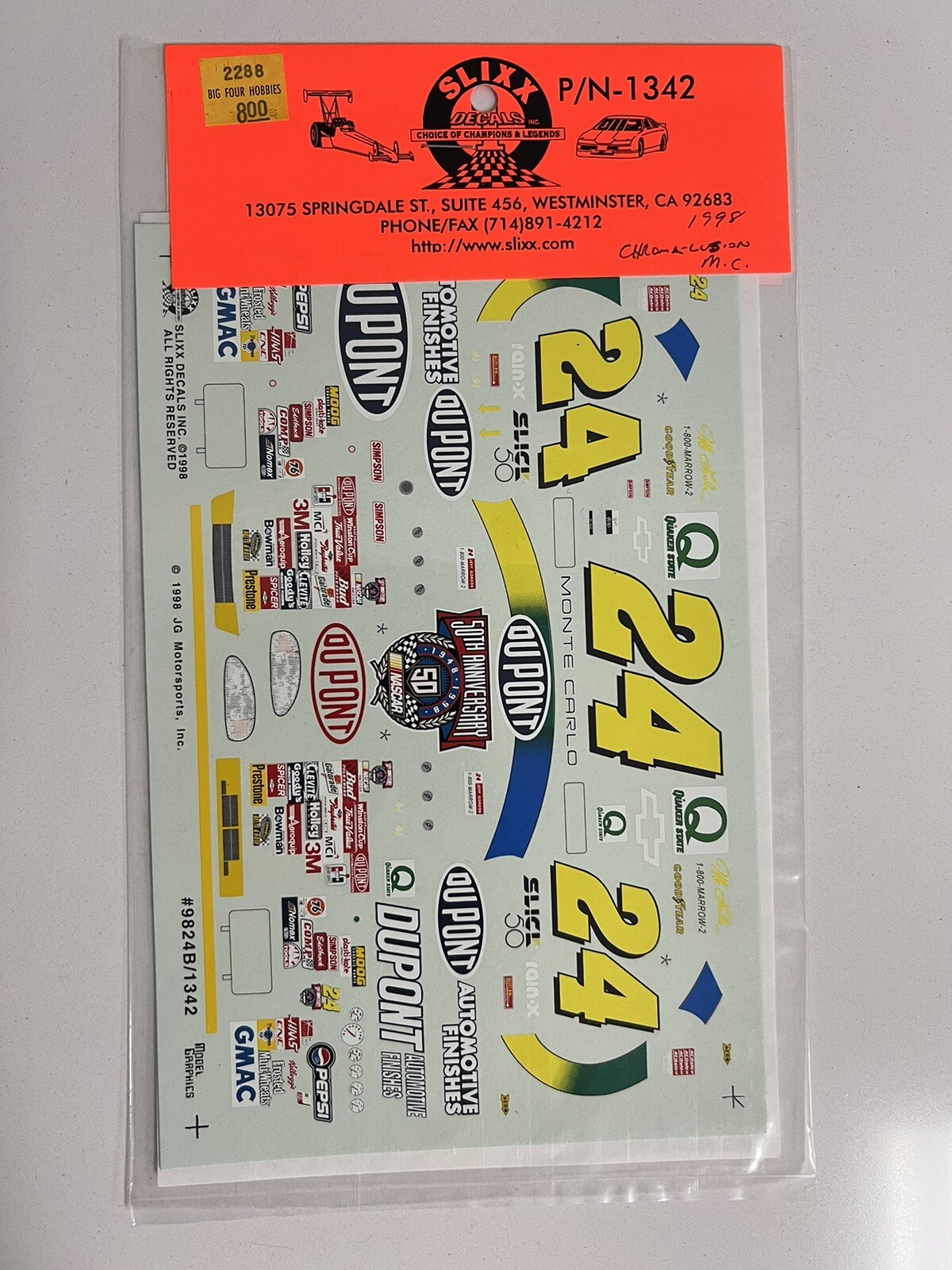 Slixx NASCAR Decals #1342: Car #24 DuPont 50th Anniversary 1998 Jeff ...