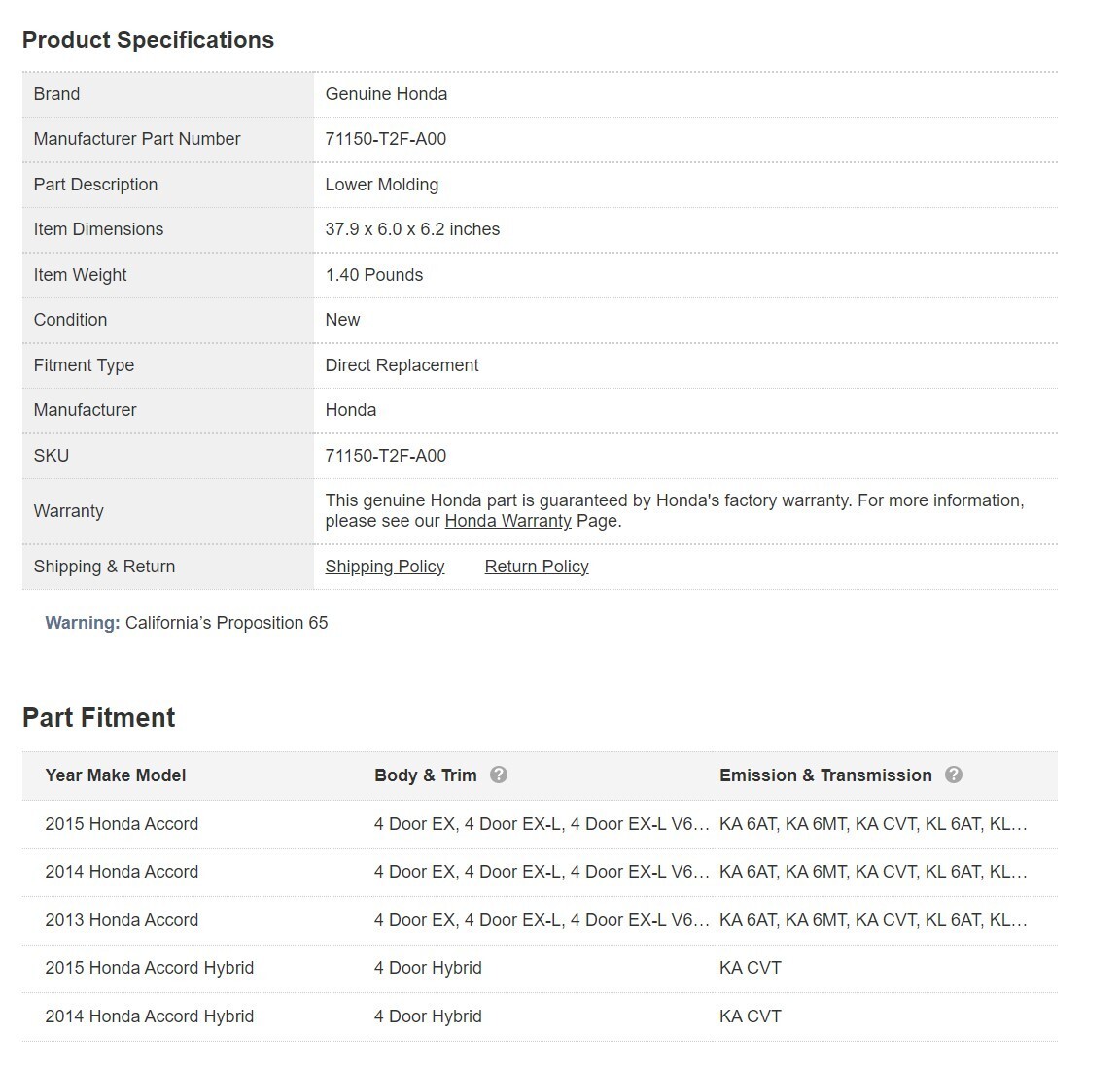 Honda Accord Front Bumper Molding 71150T2FA00 Genuine OEM for sale ...