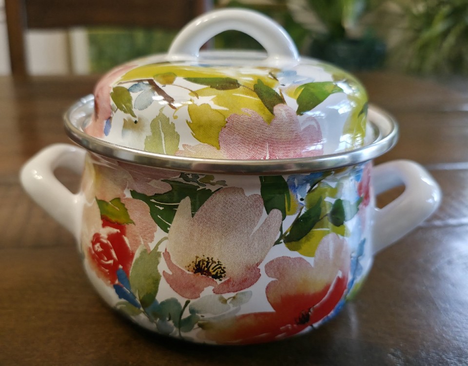 VTG Crofton Casserole Pot Dutch Oven 1 QT Floral Enamelware Double ...