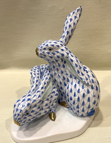 Herend Figurine larger Bunny / Rabbit Pair - Blue Fishnet VHB | eBay