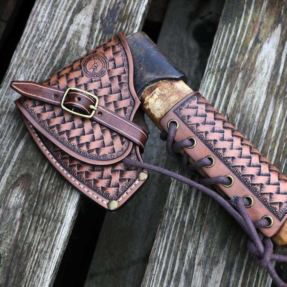 TOURBON Leather Hatchet Handle Guard Collar Sheath Lace up Axe Blade ...