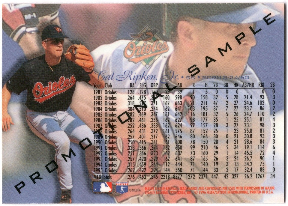 1996 Flair Promotional Sample #NNO Cal Ripken, Jr. Baltimore Orioles (b ...