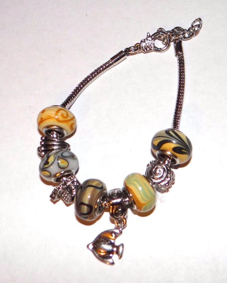 silver tone charm bracelet with dangling fish and multi beads | eBay