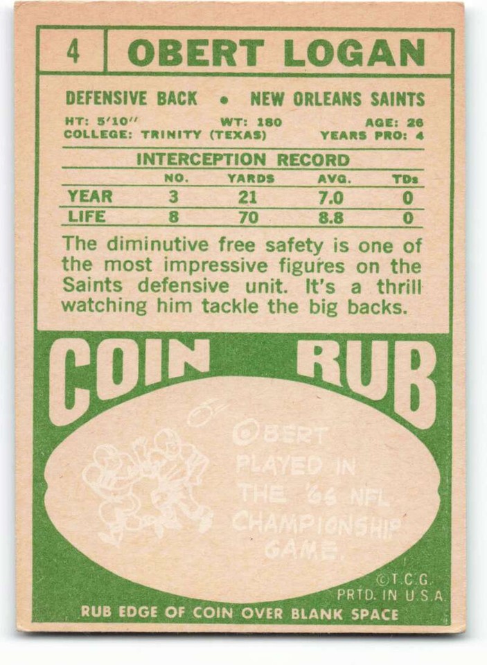 1968 Topps #4 Obert Logan EX++ Excellent++ Saints ID:290127 | eBay