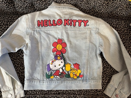 Women’s HELLO KITTY Blue DENIM Jean JACKET Cat Flower Rare Sanrio L XL ...