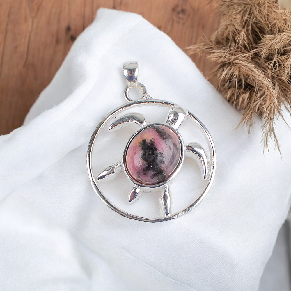 Natural Black Rhodonite Gemstone Pendant Vintage White 925 Sterling ...