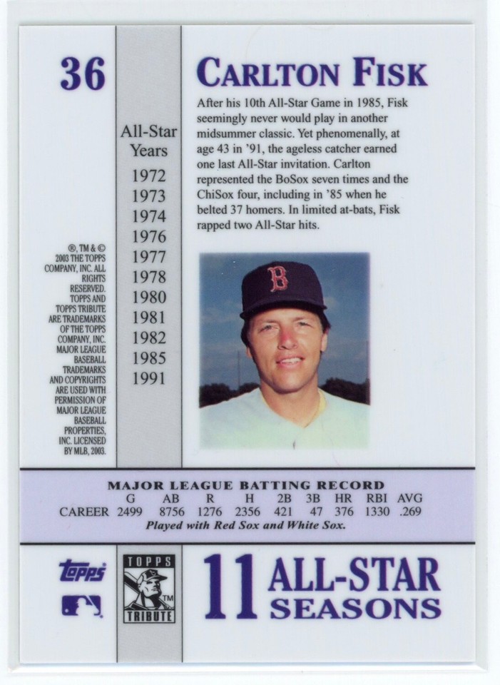 Carlton Fisk - 2003 Topps Tribute Refractor#36 - HOF Red Sox Great ...