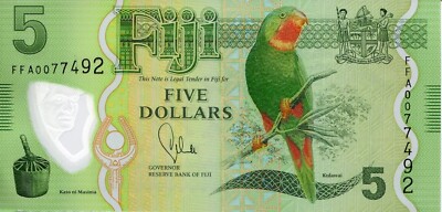 $5 Dollars FIJI Circulated Banknote Polymer Currency. Five Fijian ...