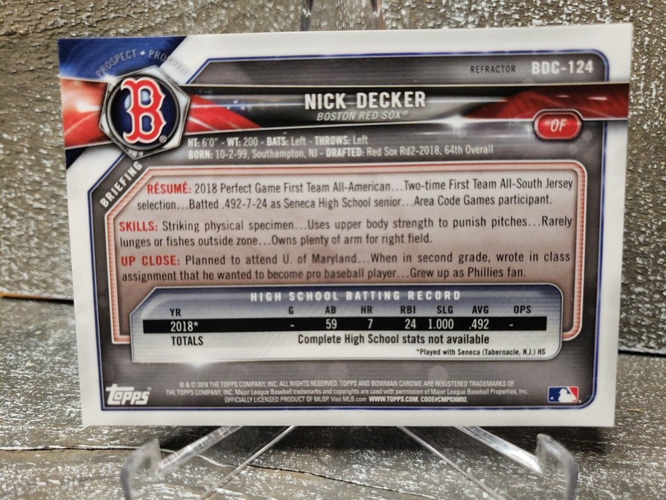 Nick Decker 2018 Bowman Draft Refractor 1st Chrome Rookie RC Boston Red ...