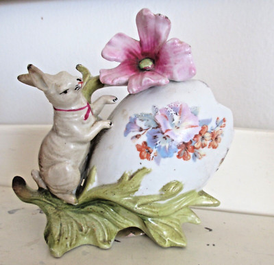 Antique Easter Bunny Rabbit & Egg Springtime Ceramic Ironstone FIGURINE ...