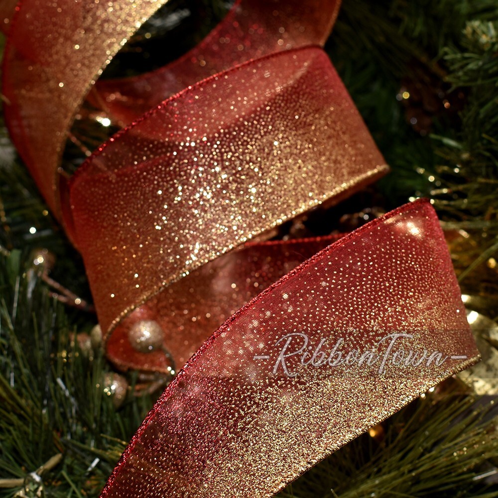 Christmas Elegant Gold Glitter Ombre Red Sheer Wired Ribbon - 2.5"W x ...