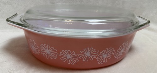 Vintage 50’s Pyrex "Pink Daisy" Oval Casserole #045 2 1/2 Qt w. #945 C ...