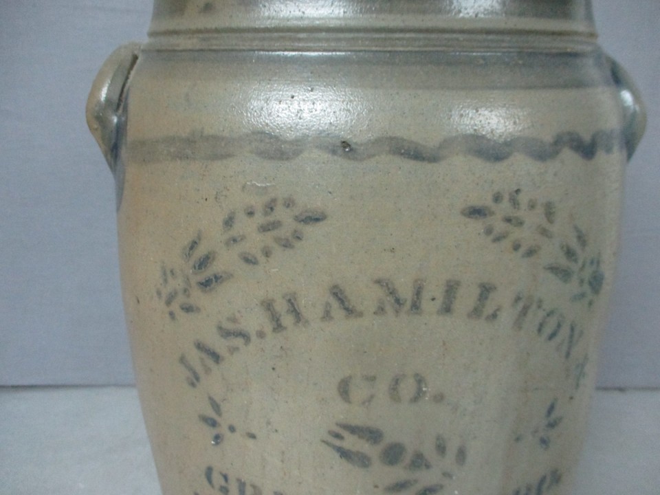 ANTIQUE JAS HAMILTON GREENSBORO, PA 4 GALLON 2 HANDLE STONEWARE JAR ...