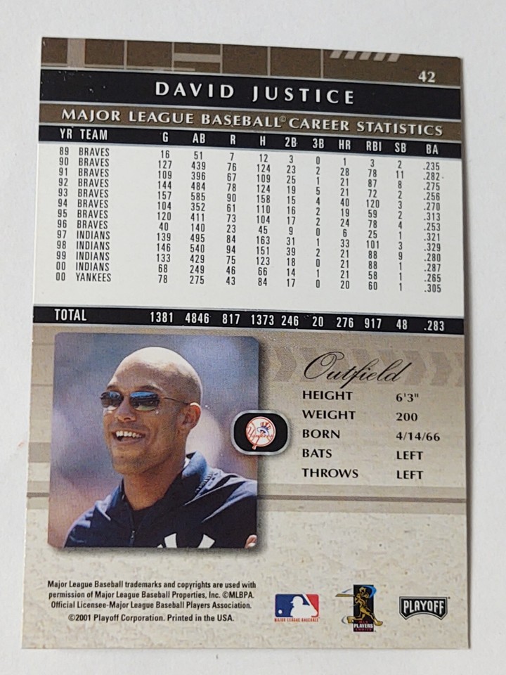 2001 PLAYOFF ABSOLUTE MEMROBILIA DAVID JUSTICE #42 CARD $0.99 VALUE BOX ...