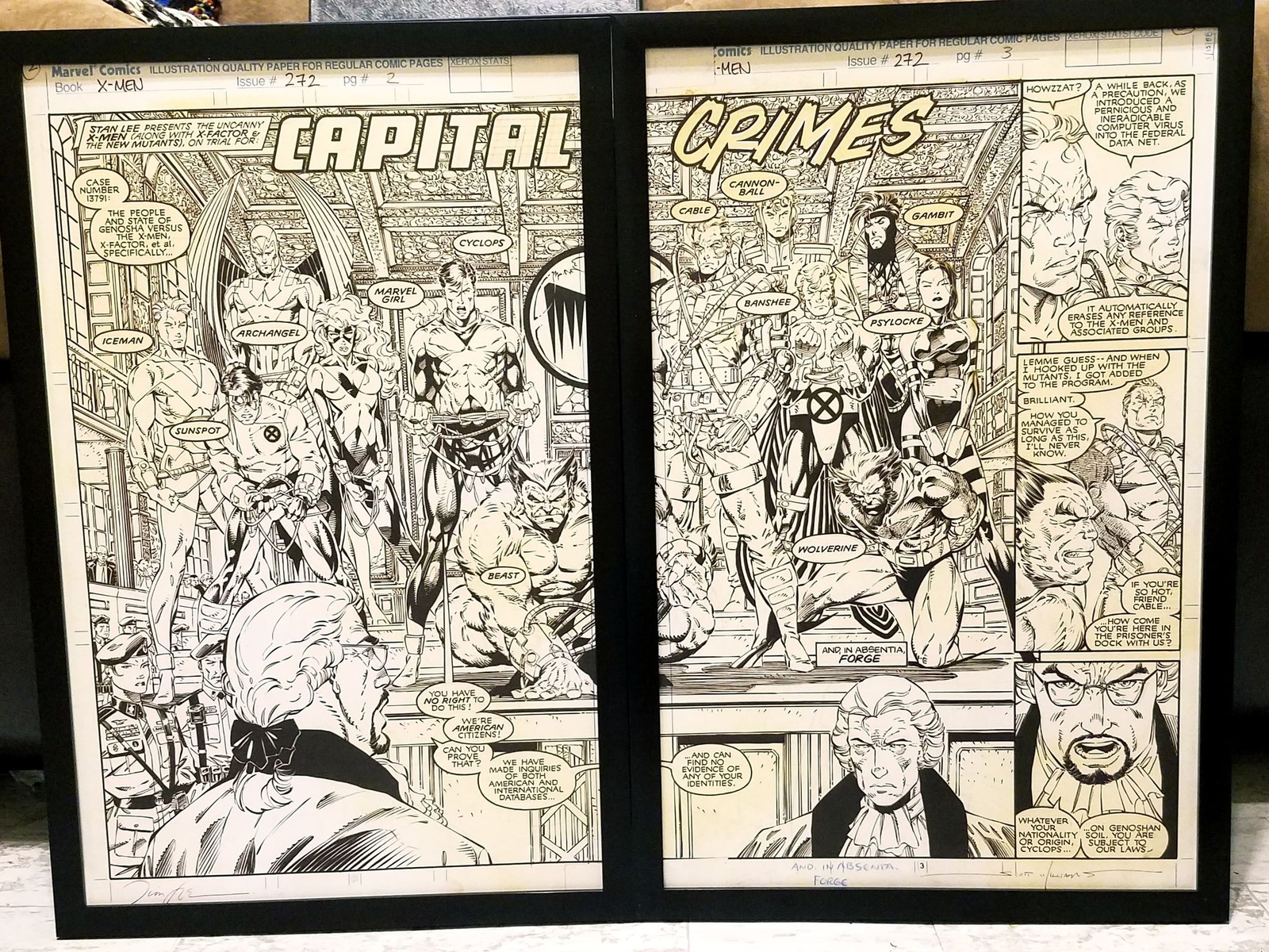 Uncanny X-Men #272 pg. 2 & 3 by Jim Lee Set of 2 11x17 FRAMED Original ...