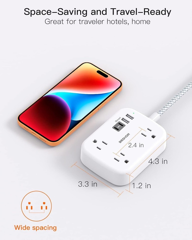 USB Power Strip -Extension Cord with USB Port, Flat Plug Power Strip, 5 ...