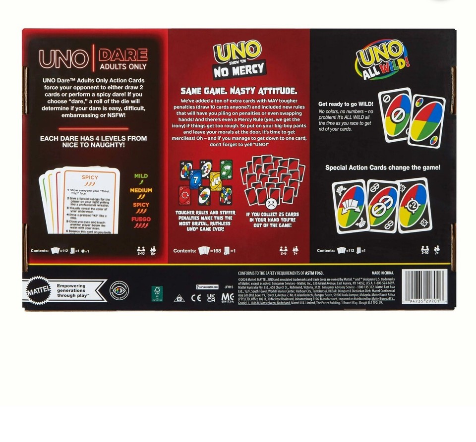 Uno Adult Party Pack 3 Games - Uno No Mercy, Uno All Wild & Uno Dare ...