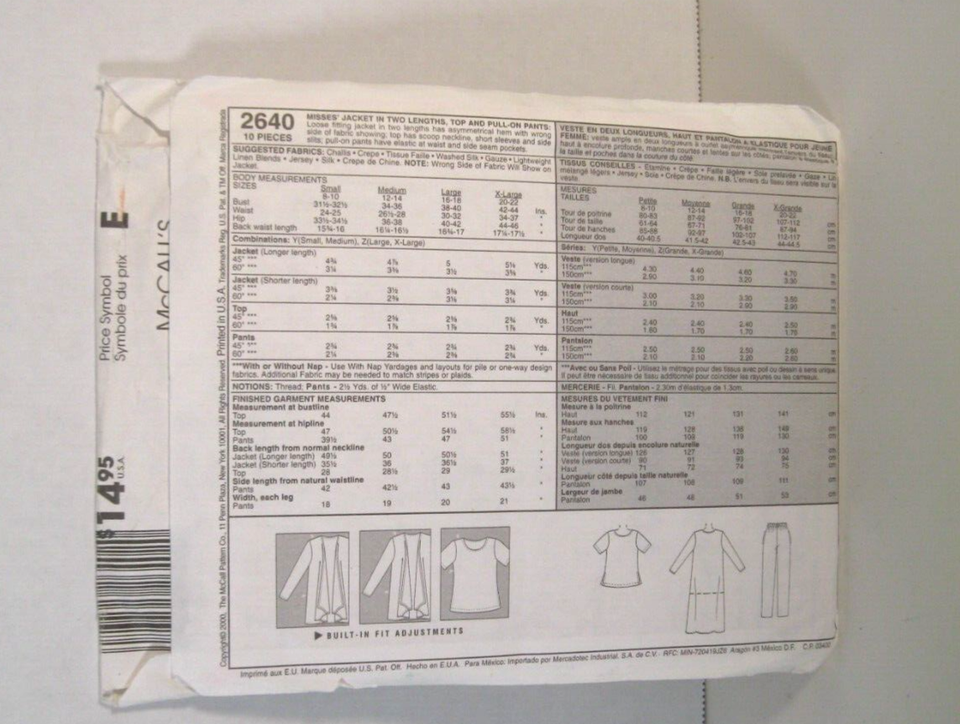 McCall's 2640 Jacket (2 Lengths), Top & Pants Misses' L-XL (16-22 ...