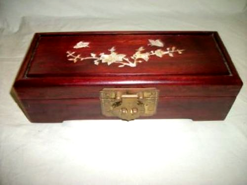 Vintage Chinese MOP Rosewood Box Brass Hardware Floral Butterfly Silk ...