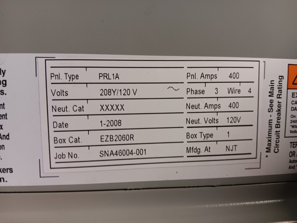 NEW EATON PRL1A 400 AMP MAIN BREAKER PANEL 30 CIRCUIT 208Y/120V 3Ø 4W ...